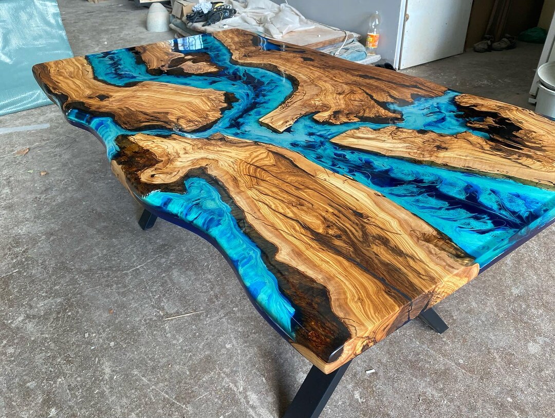 Custom Colors Blue Turquoise White Olive Wood Living Edge Epoxy Dining ...