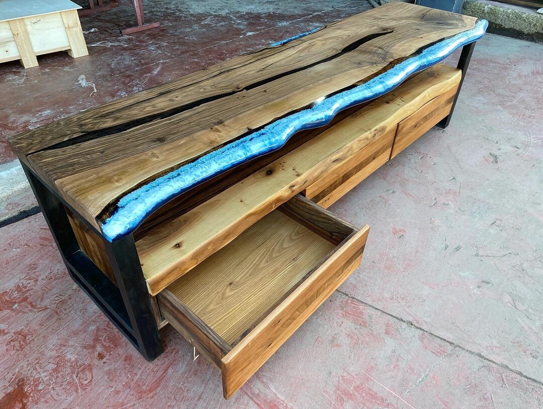 Made to Order Solid Walnut Wood Blue Epoxy Live Edge Tv Unit -natural ...