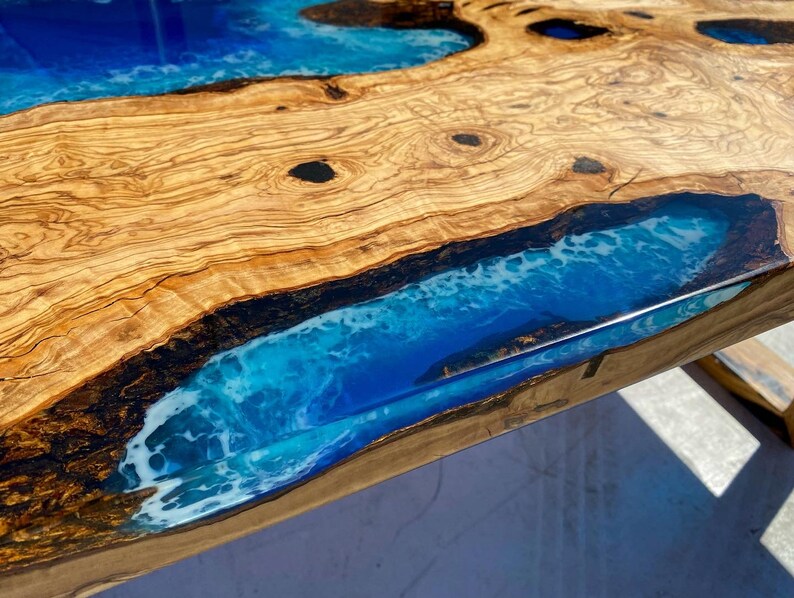 Made to Order Olive Wood Blue Ocean Sea Epoxy Table - Live Edge- River ...