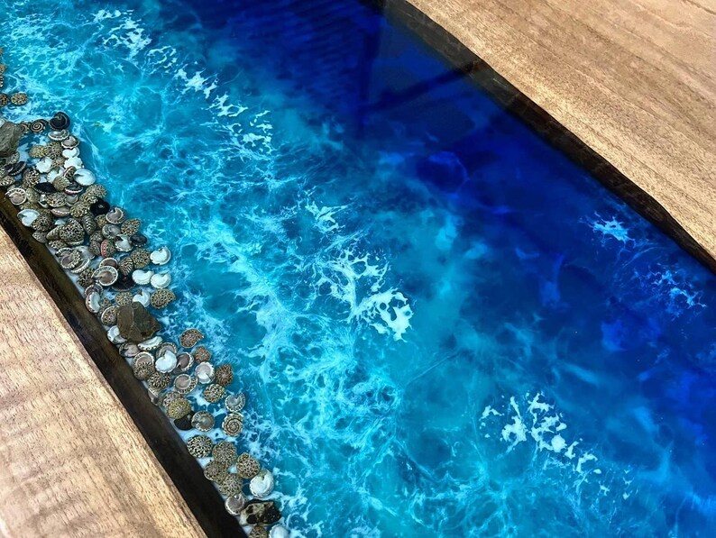 Made to Order Walnut Oval Ocean Sea Blue White Stones Resin Epoxy Table ...