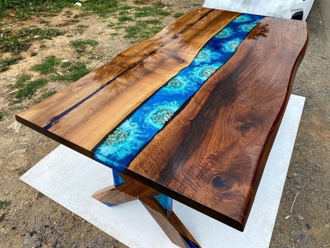 Custom Order Glossy Walnut Aquarium Blue Epoxy Table -ocean Table-river ...