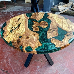 Custom Made Olive Wood Dark Emerald Green Clear Round Diameter Epoxy ...