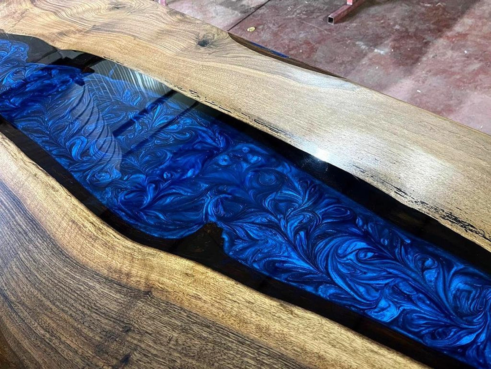 Personalized Walnut Metallic Dark Blue Navy Epoxy Resin Dining Table ...
