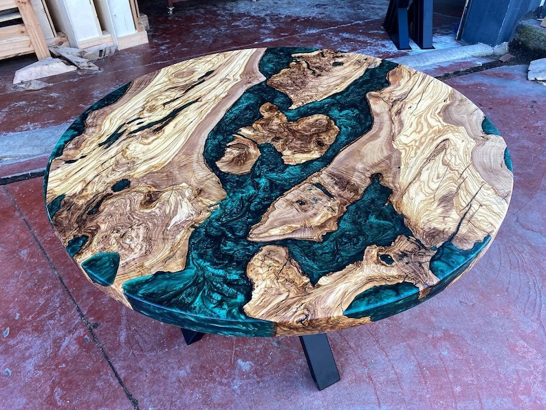 Custom Made Olive Wood Dark Emerald Green Clear Round Diameter Epoxy ...