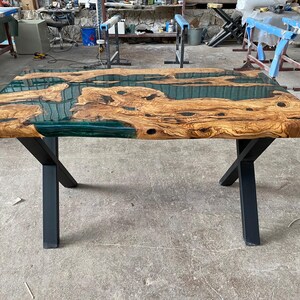Custom Order Olive Wood Live Edge Emerald Green Color Epoxy Dining ...