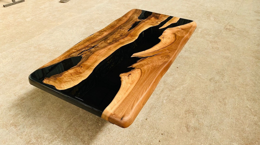Custom Order Curved Edge Walnut Glossy Black Epoxy Table -live Edge ...