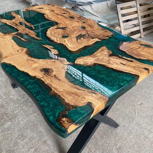 Custom Order Olive Wood Live Edge Emerald Green Color Epoxy Dining ...