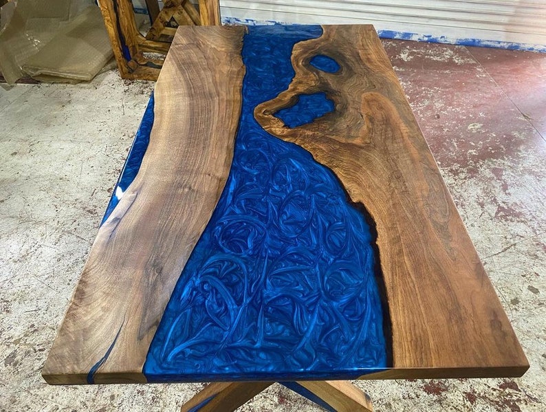 Made to Order Dark Walnut Metallic Blue Epoxy Table Live - Etsy