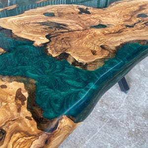 Custom Order Olive Wood Live Edge Emerald Green Color Epoxy Dining ...