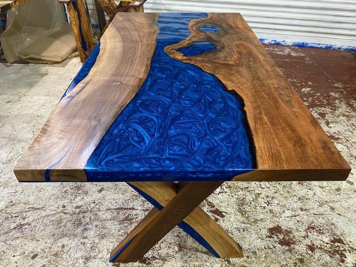 Made to Order Dark Walnut Metallic Blue Epoxy Table Live - Etsy