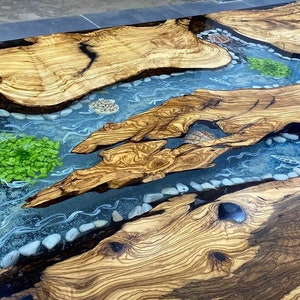 Custom Order Olive Wood Blue River Epoxy Table- Dining Table - Kitchen ...