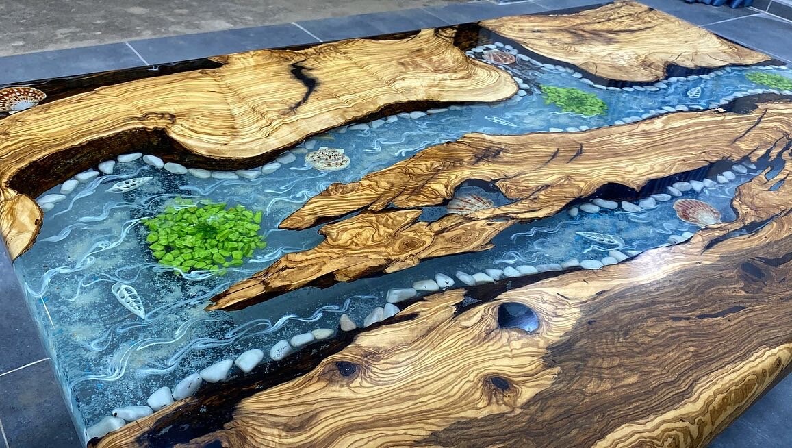 Custom Order Olive Wood Blue River Epoxy Table Dining Table Kitchen and ...