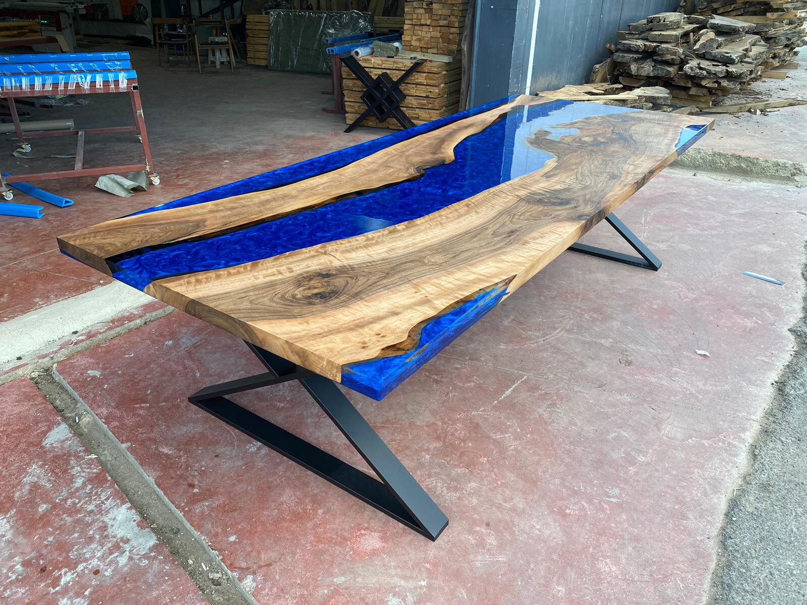 Made to Order Dark Walnut Metallic Blue Epoxy Table Live Edge River ...