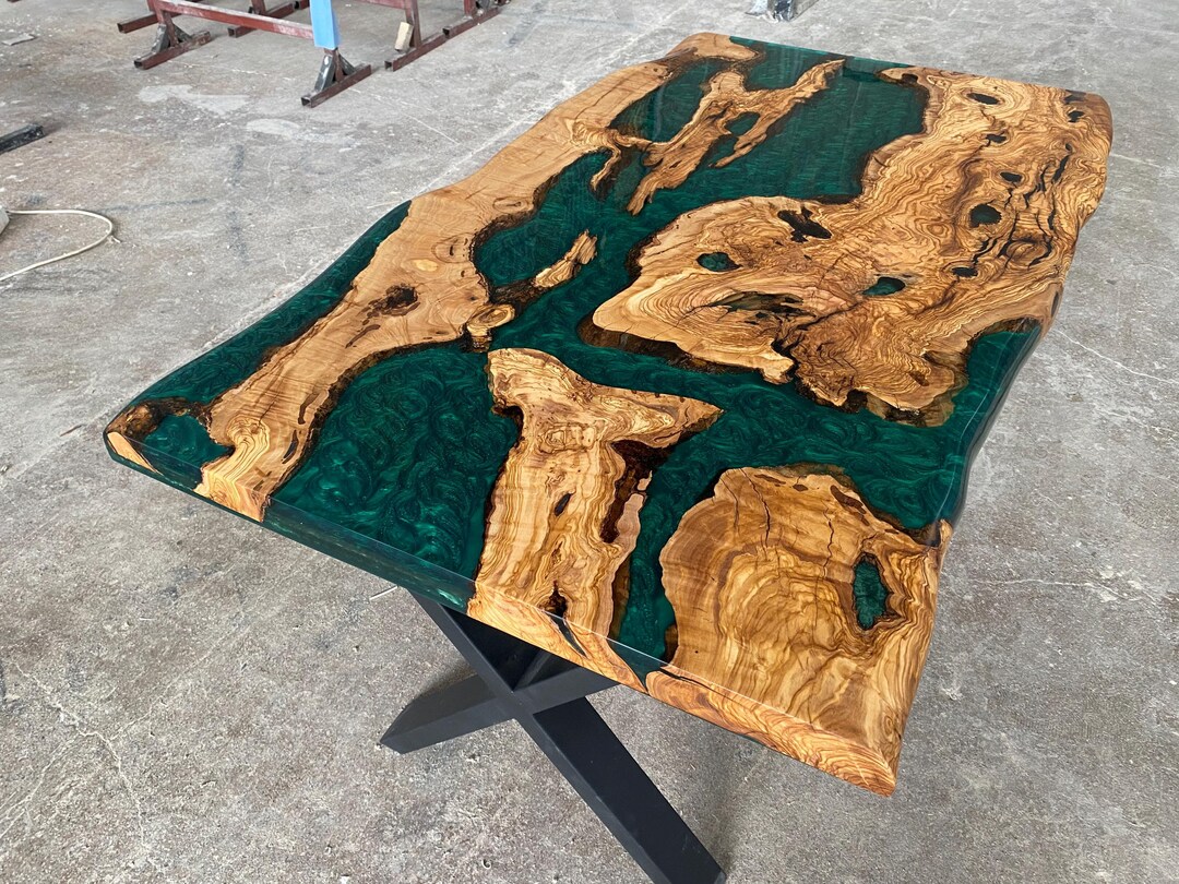 Custom Order Olive Wood Live Edge Emerald Green Color Epoxy Dining ...