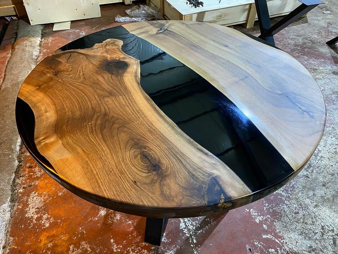 Custom Order Walnut Wood Black Round Diamater Epoxy Table-epoxy End ...