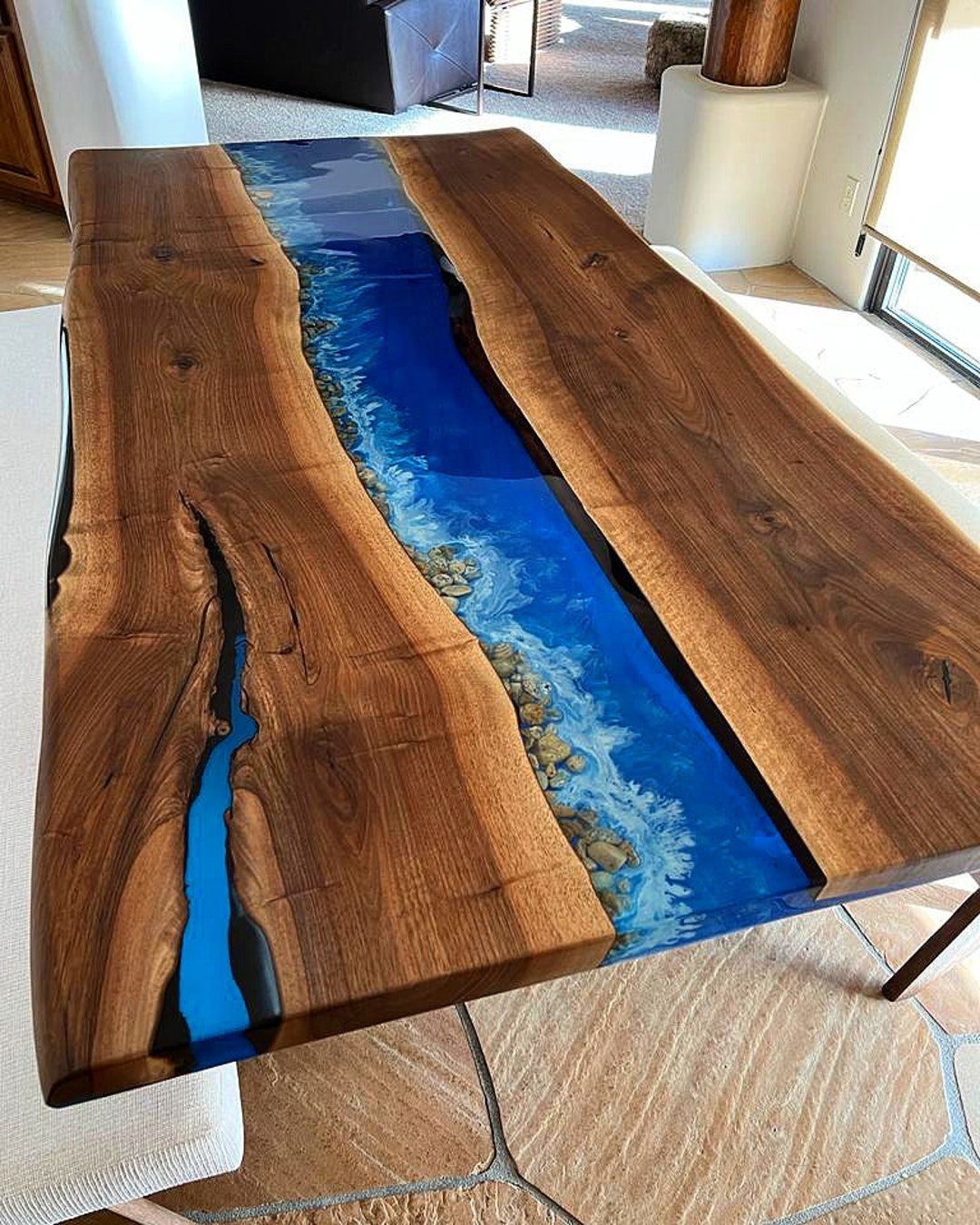 Custom Order Lighter Walnut Aquarium Blue Epoxy Table -ocean Table ...
