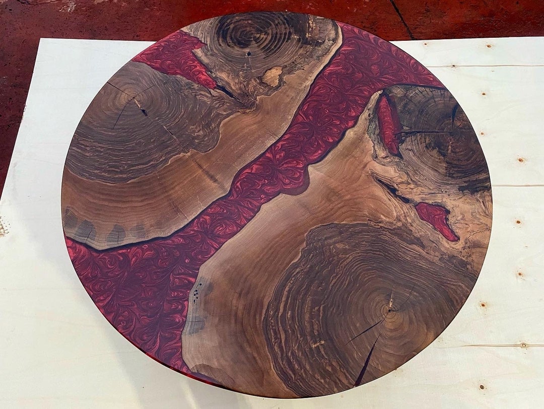 Special Old Walnut Wood Red Round Diamater Epoxy Table -epoxy End Table ...