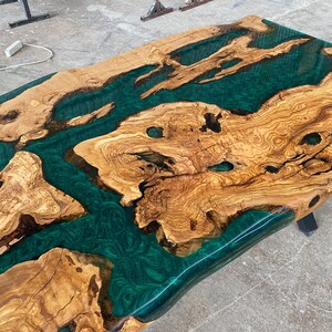 Custom Order Olive Wood Live Edge Emerald Green Color Epoxy Dining ...