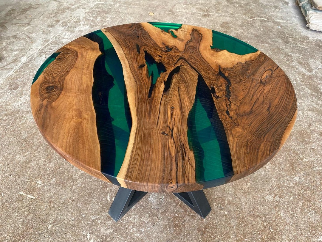 Custom Made Walnut Wood Diameter Round Emerald Green Epoxy Dining Table ...