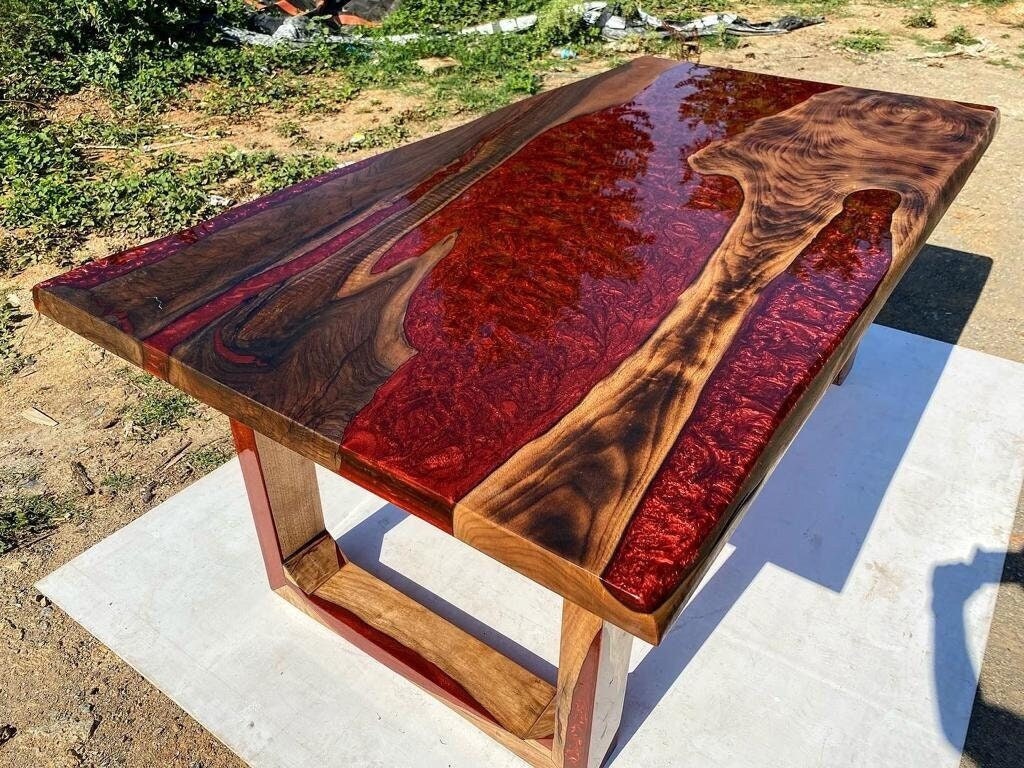 Custom Order Walnut Wood Red Metallic Epoxy Table -live Edge-resin ...