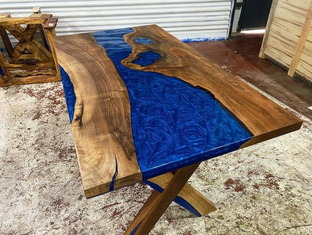 Made to Order Dark Walnut Metallic Blue Epoxy Table - Live Edge- River ...