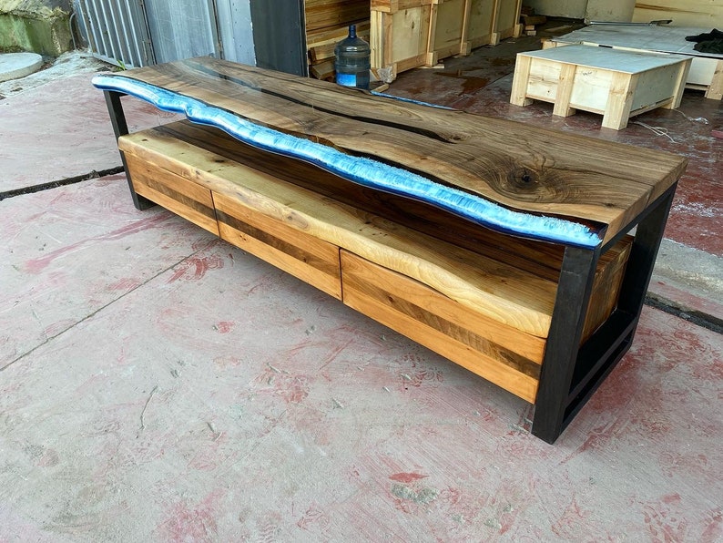 Made to Order Solid Walnut Wood Blue Epoxy Live Edge Tv Unit -natural ...