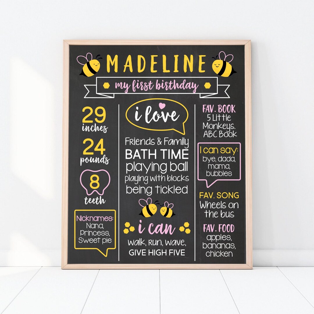 First Birthday Party Milestone Sign. Bumblebee Bee Printable Poster ...