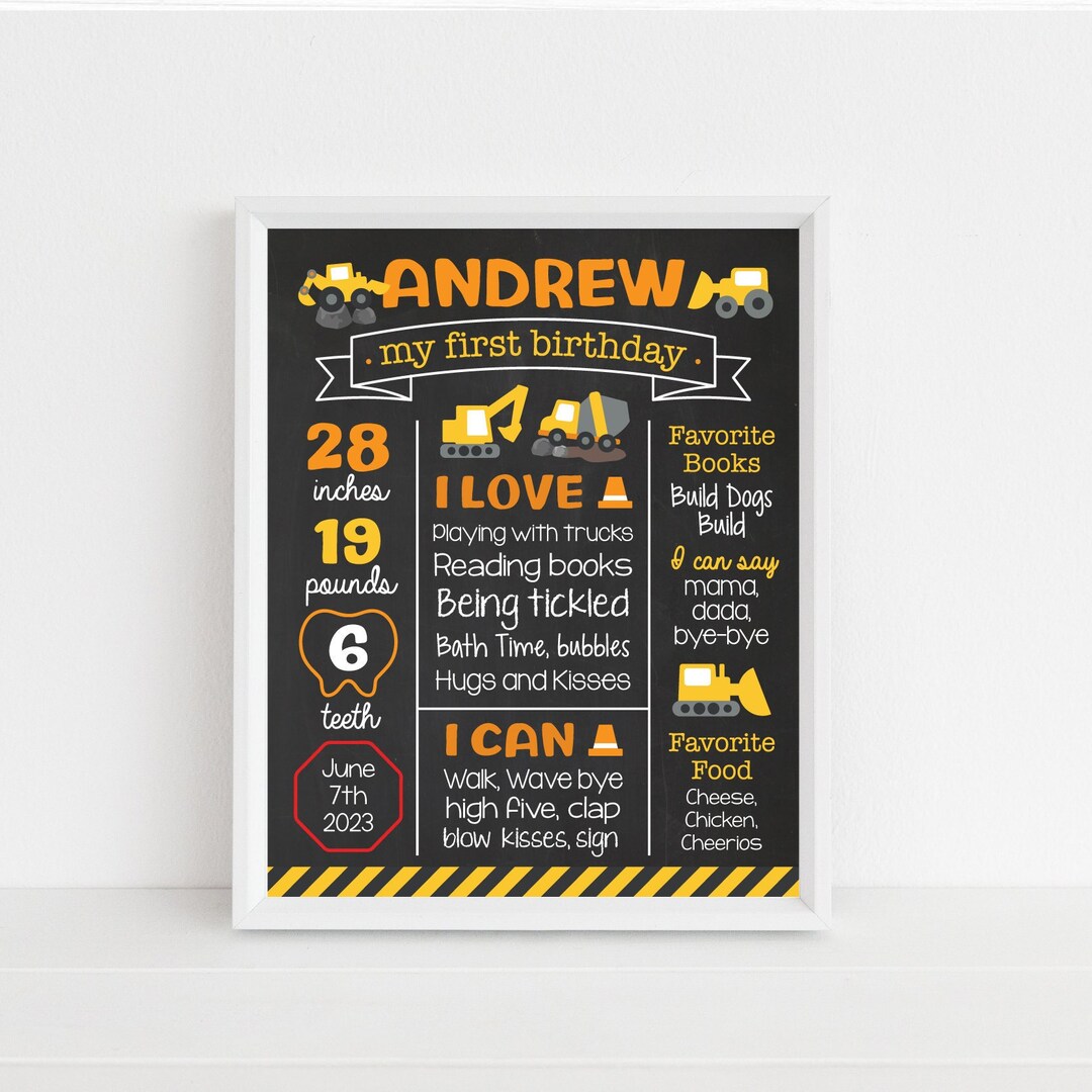 First Birthday Party Milestone Sign. Construction Trucks Printable ...
