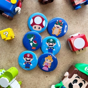 Video Game Set Buttons. Inspired Mario Bros Pin Back Button. Set Six ...