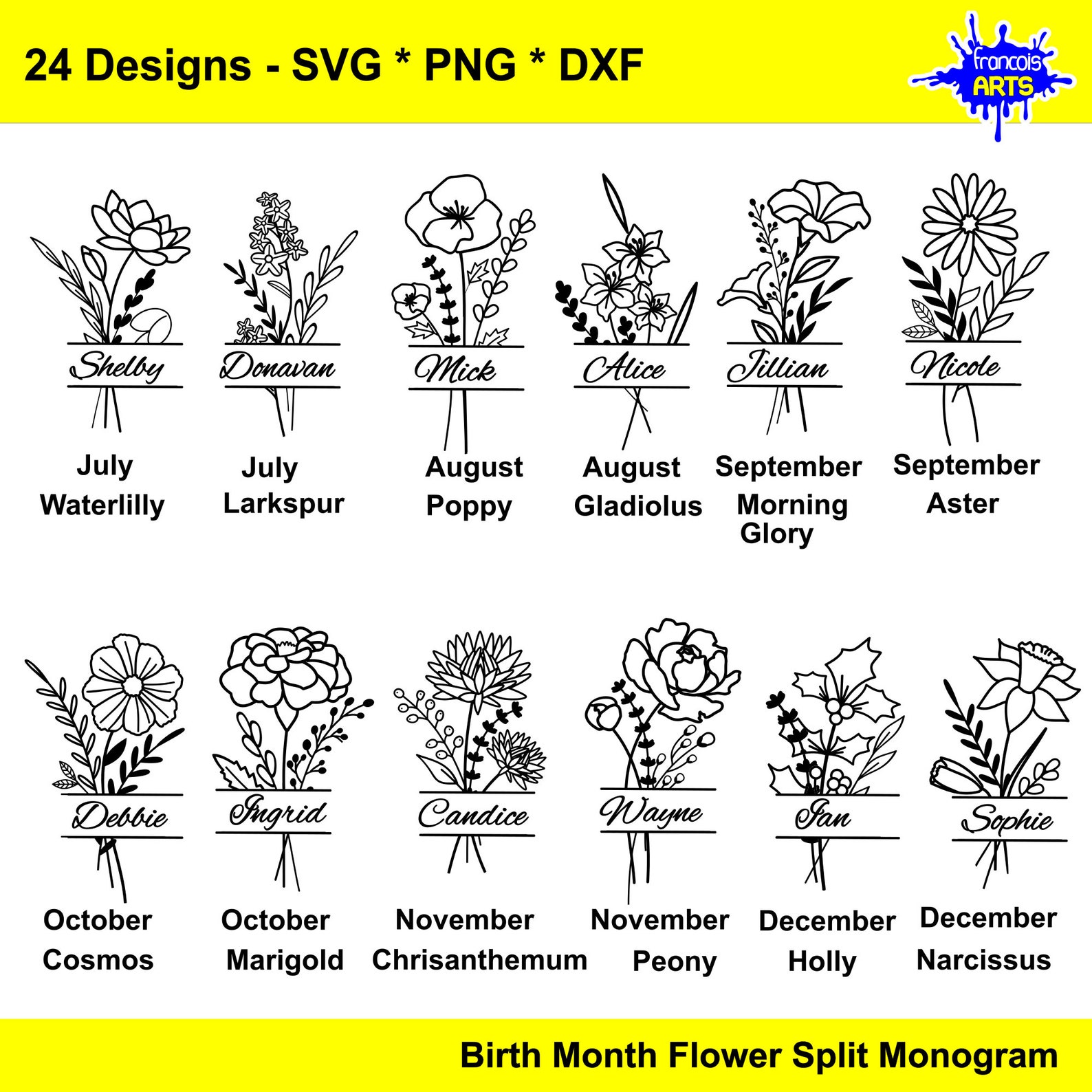 Birth Month Flower Bouquet Split Monogram SVG Bundle, Floral Svg ...