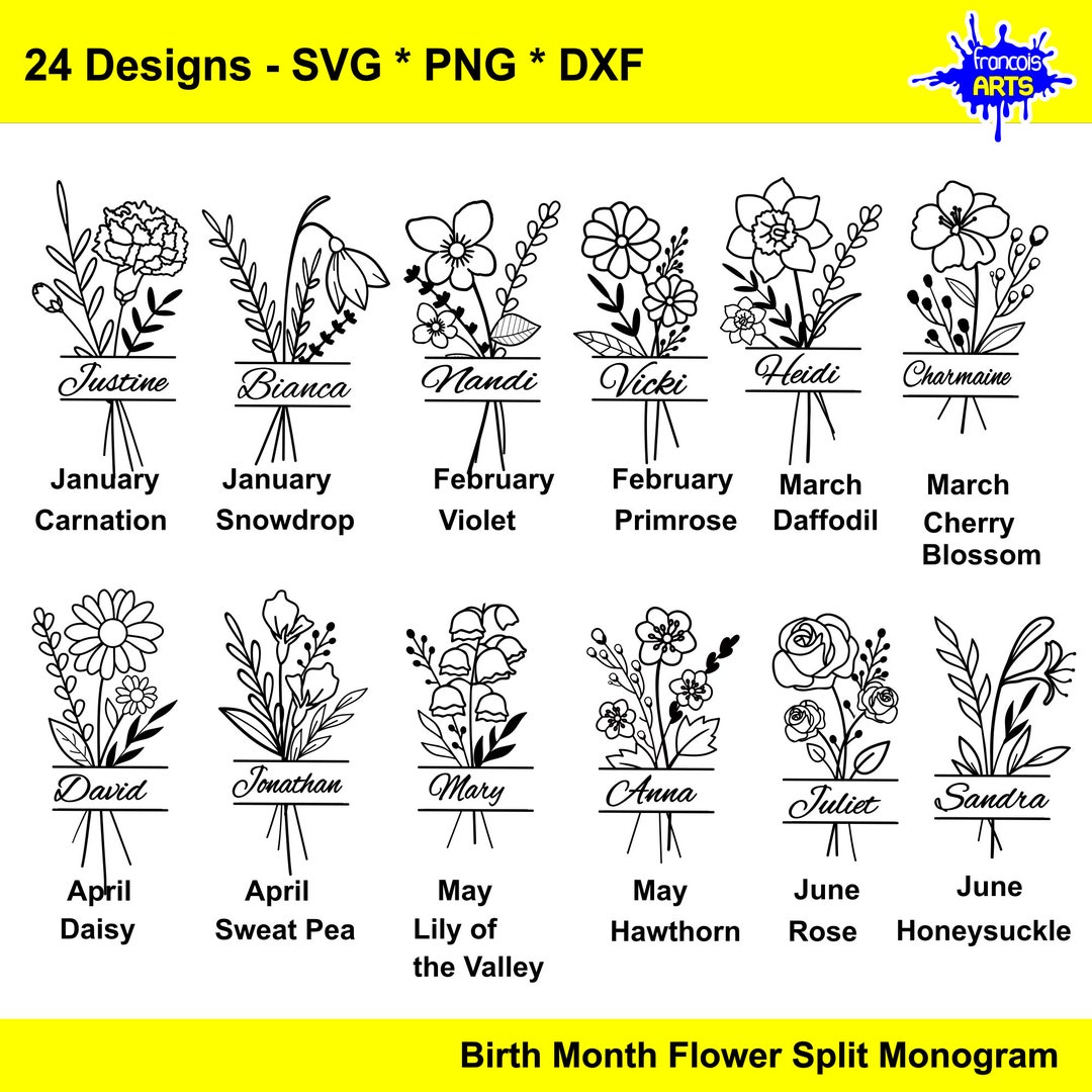 Birth Month Flower Bouquet Split Monogram SVG Bundle, Floral Svg ...