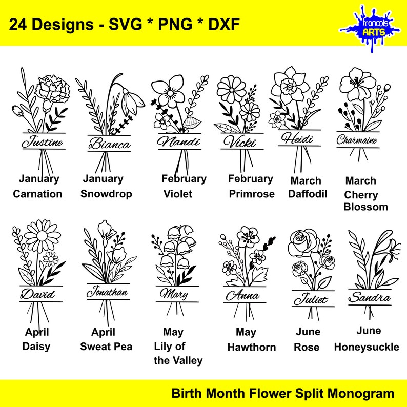 Birth Month Flower Bouquet Split Monogram SVG Bundle, Floral Svg ...