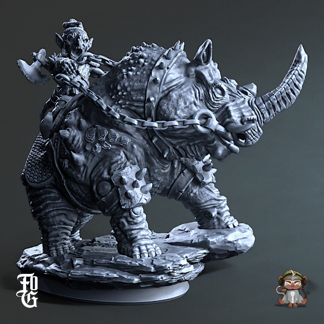 Rhino-mounted Goblin Dnd Miniature 3D Print for Painting, Dungeons and ...