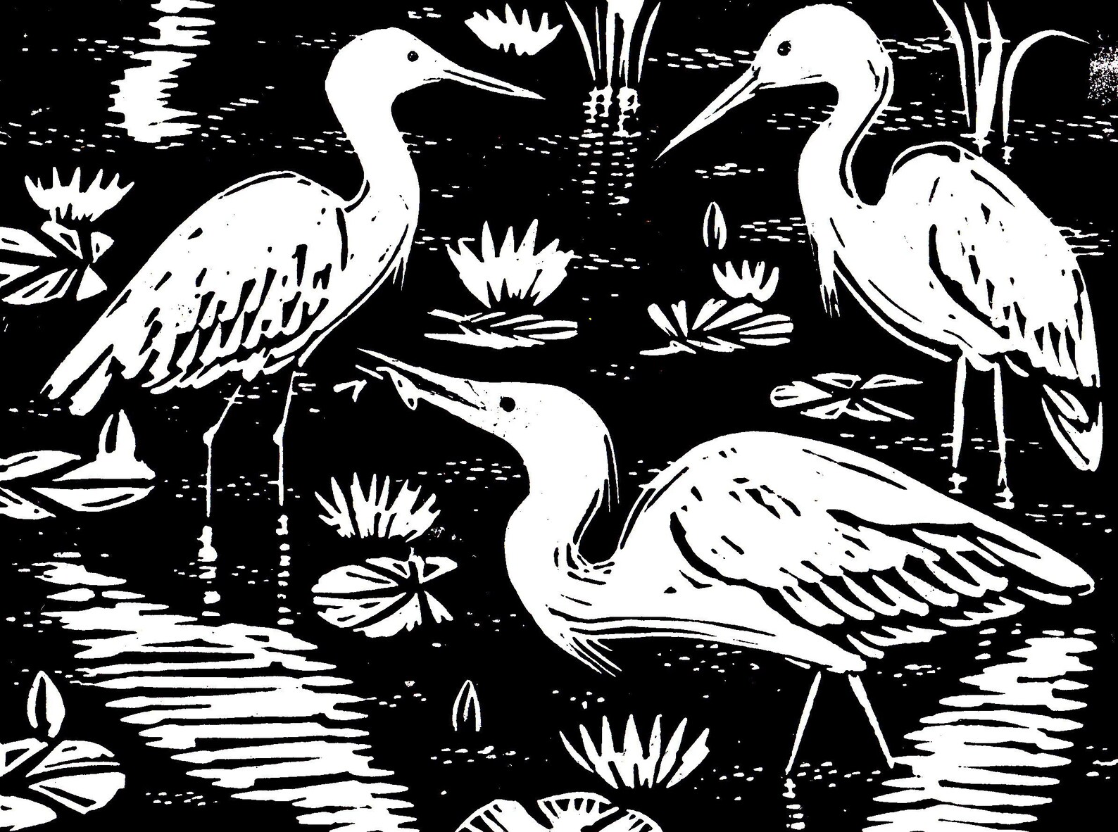 Fishing Egrets Lino Print Black and White - Etsy
