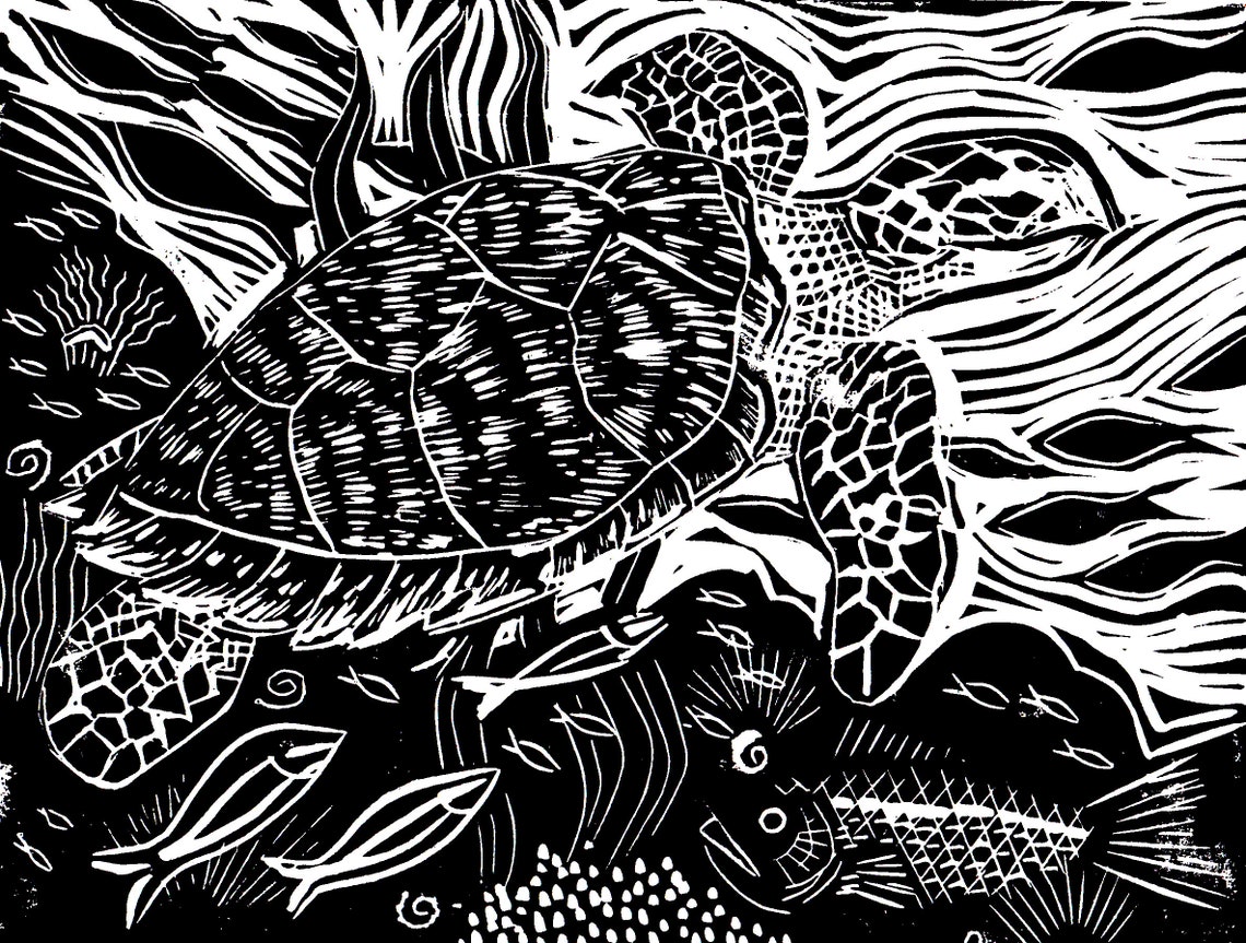 Turtle Lino Print in Black and White - Etsy