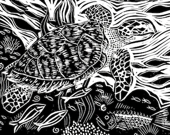 Sea Turtle Lino Print A5 Black and White Linocut Ocean Life Art Marine ...