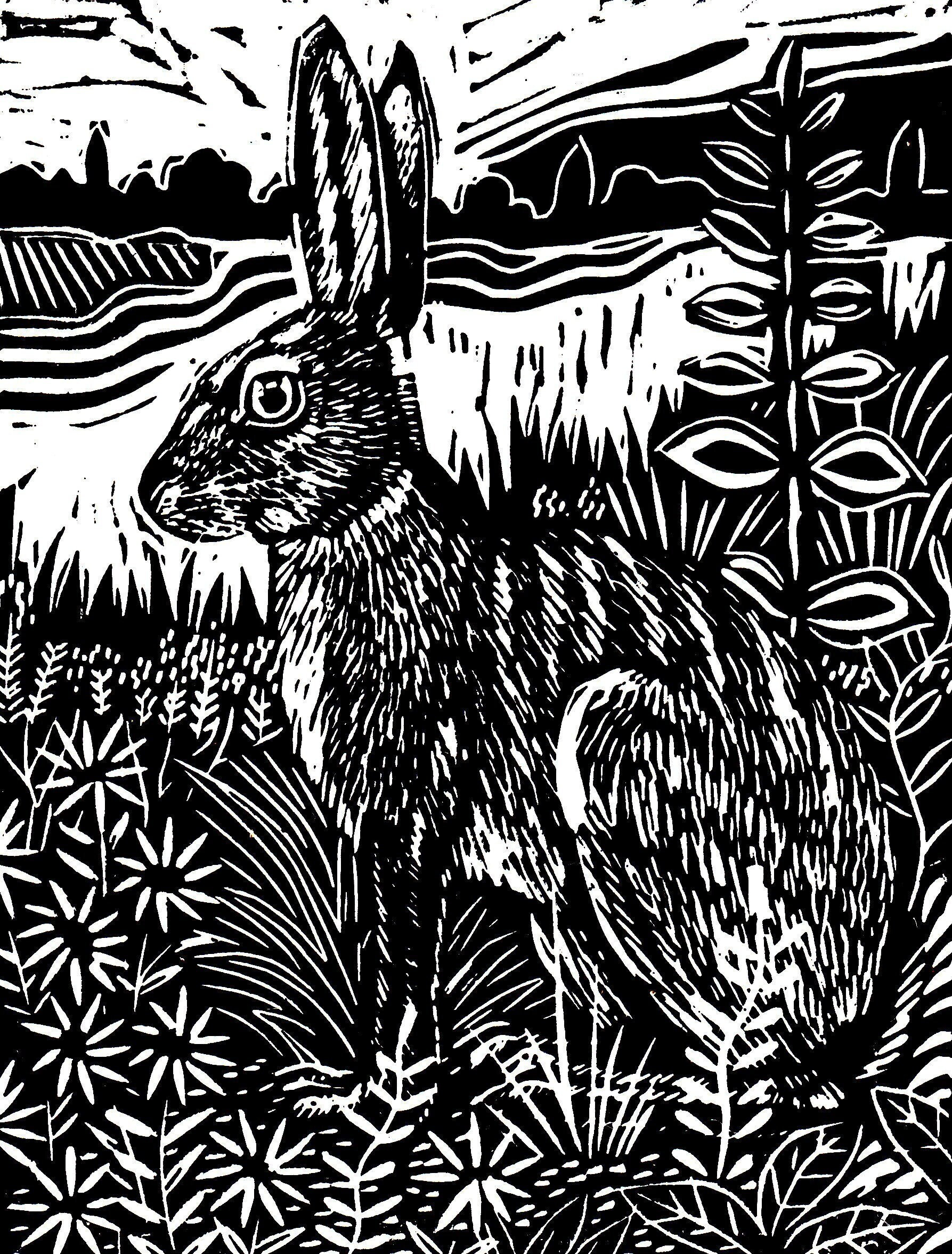Hare Lino Print in Black and White - Etsy