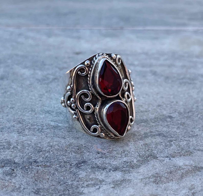Red Garnet Double Stone Ring: 925 Sterling Silver, Handmade Boho ...