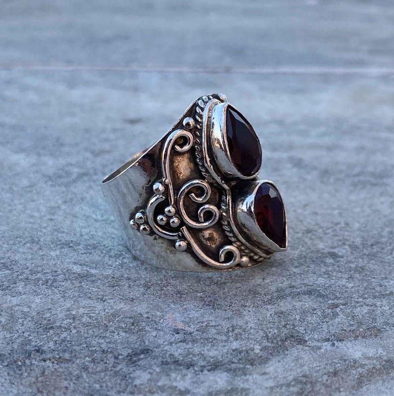 Red Garnet Double Stone Ring: 925 Sterling Silver, Handmade Boho ...