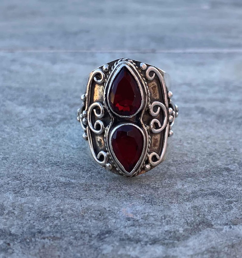 Red Garnet Double Stone Ring: 925 Sterling Silver, Handmade Boho ...