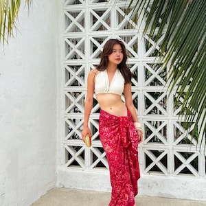Ruby Red Batik Sarong – Cotton Beach Cover-up Wrap, Handmade Boho Pareo Skirt, Summer Resortwear ...