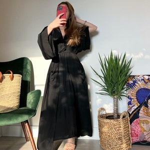 Black Oversized Kimono, Hand Black Kimono Robe, Long Unisex Robe, Black ...