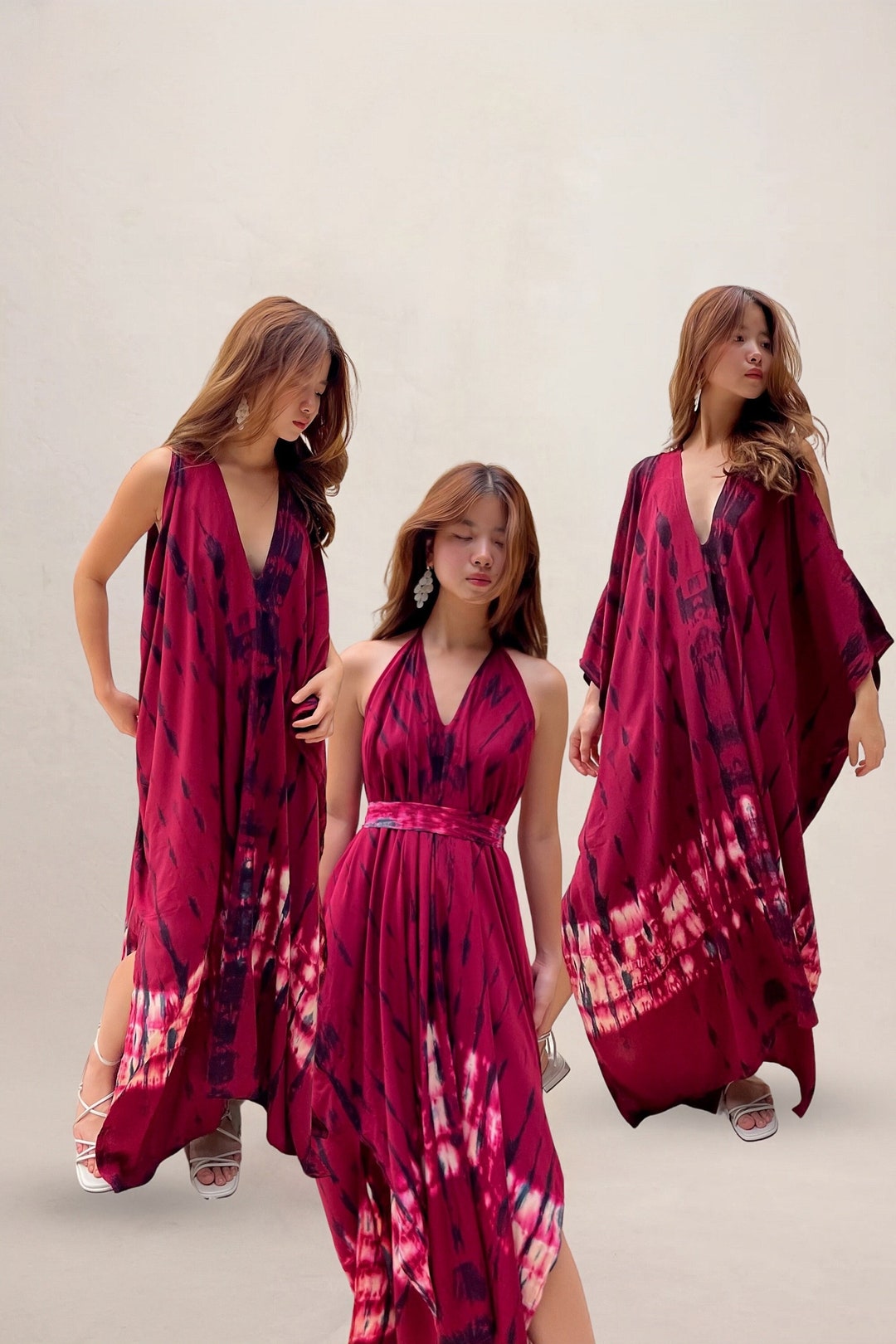 Red Boho Maxi Dress, Tie Dye Kaftan, Convertible Dress, Resort Vacation ...