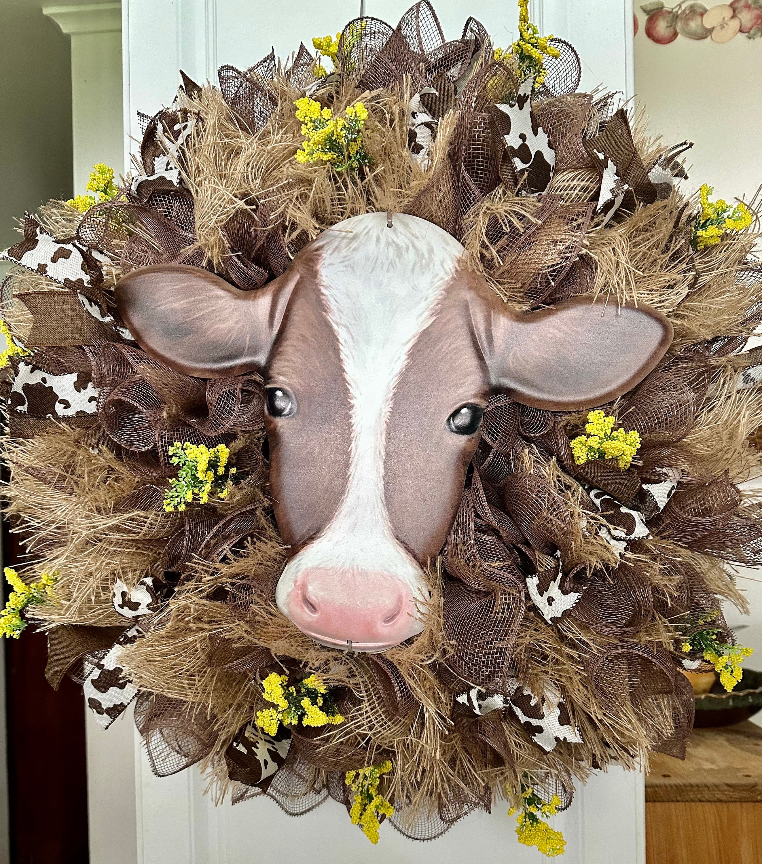 Brown Cow Wreath, Farmhouse Country Decor, 26" Frayed Mesh - Etsy