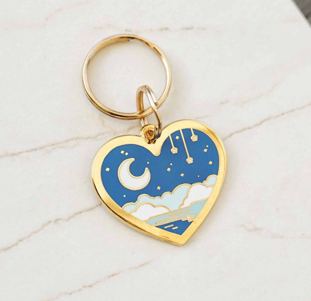 Starry Night Moon Heart Customized Keychain Pet Tag - Free Engraving ...