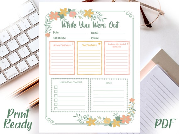 Boho Floral Substitute Teacher Note While You Were Away - Etsy