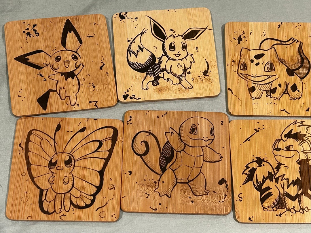 Pokémon Natural Wood Coaster: Japanese Ink Style Engraved Pokémon - Etsy