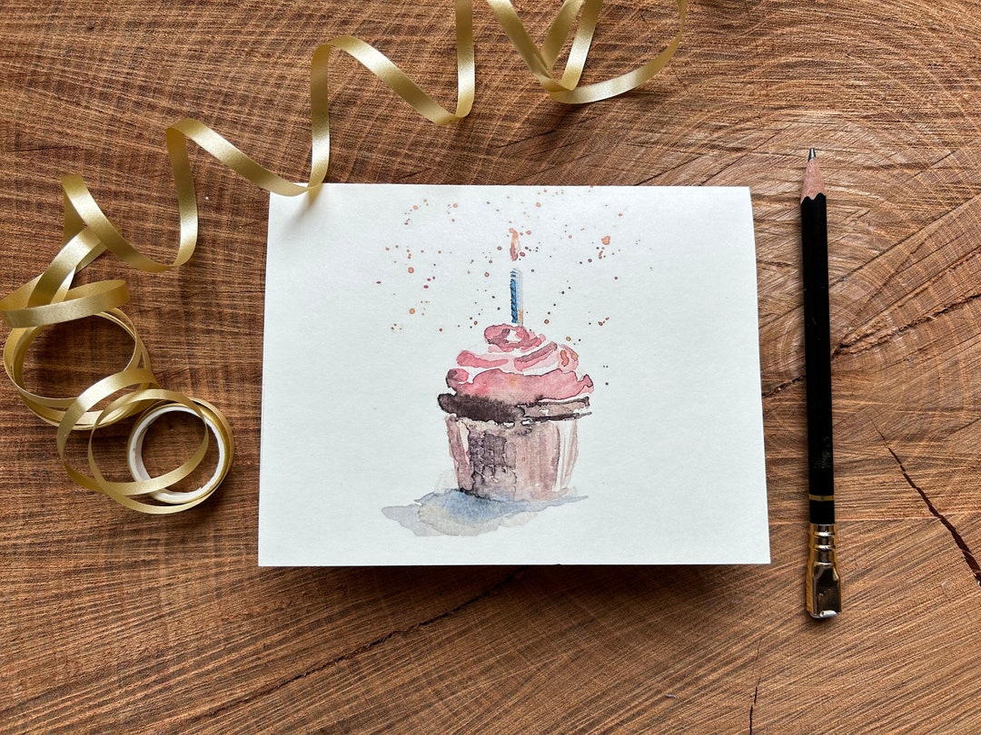Watercolor Birthday Card, Cupcake Birthday Card, Blank Birthday Card ...