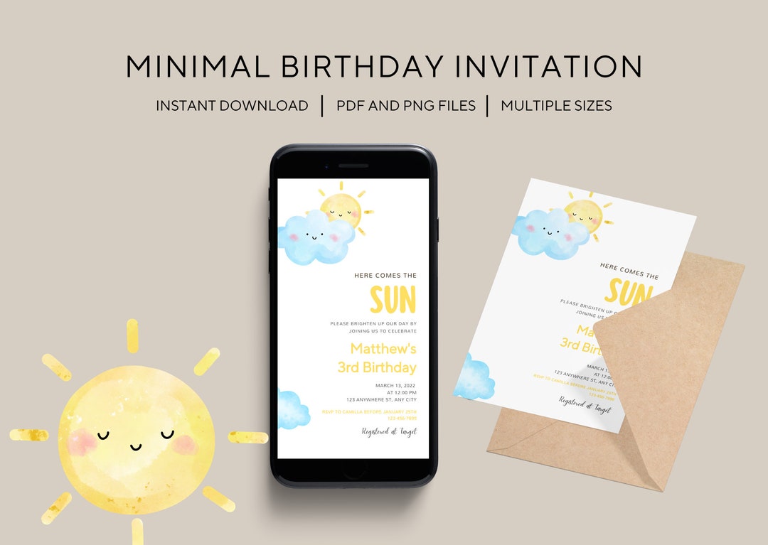 Invitación de cumpleaños temática Minimal Sunshine - Etsy España