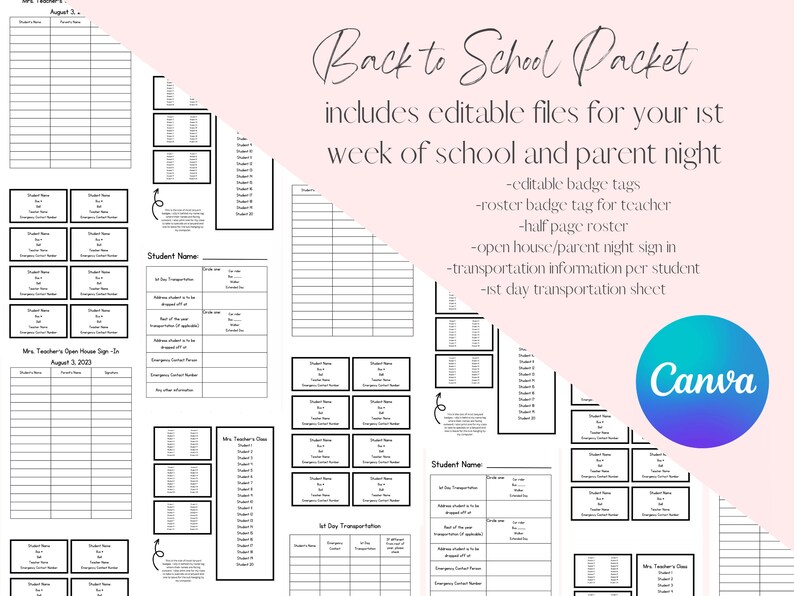 Back to School Packet | Open House Parent Night Sign in | 1st Week of ...